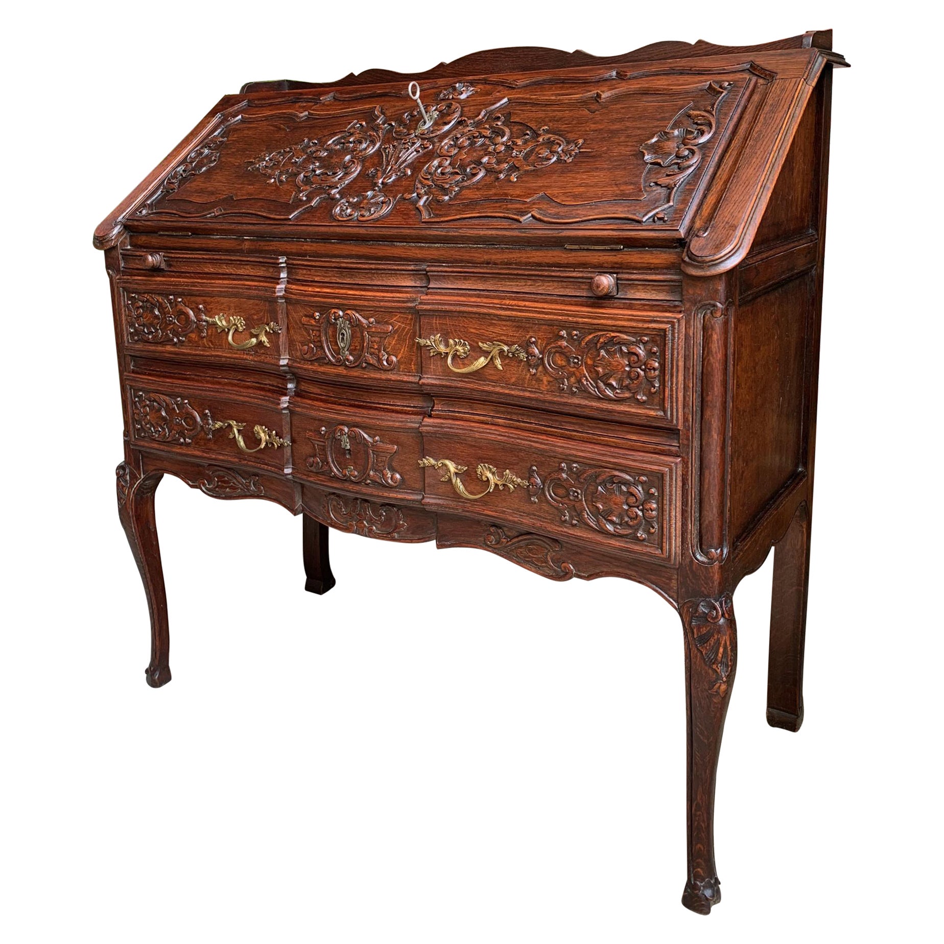 Antique French Carved Oak Secretary Desk Bureau Drop Front Louis XV ...