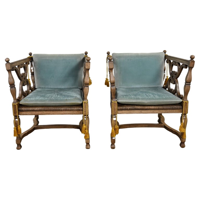 Mediterranean Spanish Revival Pair Ceruse Chairs Rush Seats Blue Loose ...