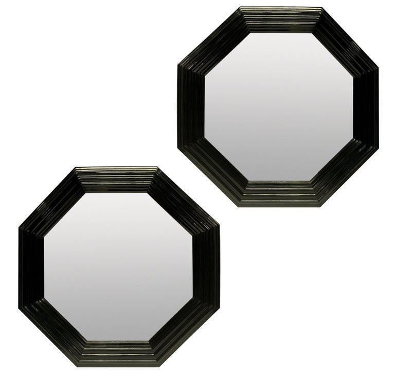 Pair of Large Octagonal Black Lacquered Mirrors For Sale at 1stDibs