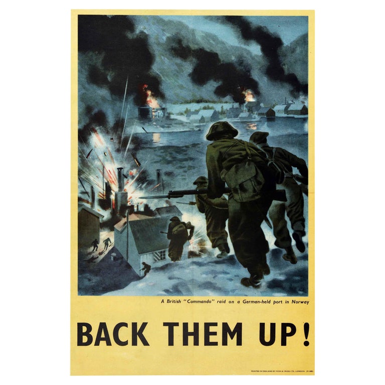 Original Vintage War Poster Back Them Up WWII British Commando Raid ...
