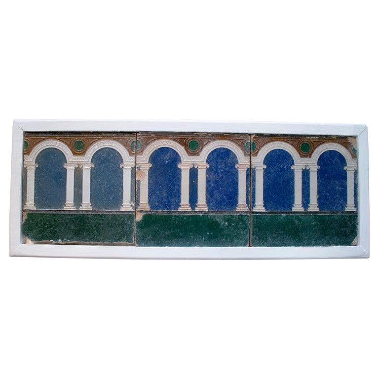 Set of Three 19th Century Spanish Hand Painted Glazed Ceramic Tiles w ...