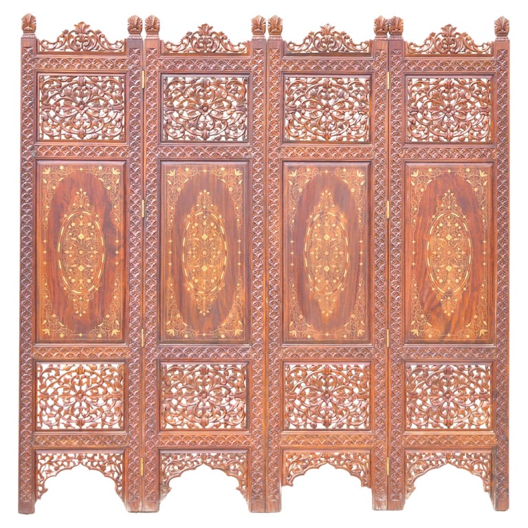 Vintage Anglo Indian Teak Wood Brass Inlay 4 Panel Room Divider Folding ...