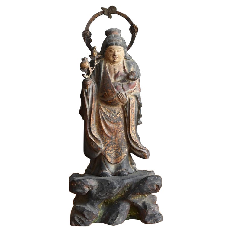 Japanese Edo Period Wood Carving Colored Buddha Statue / 18th-19th ...