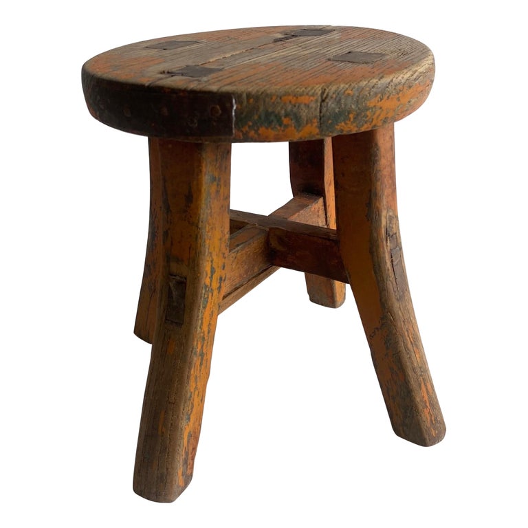 Antique Mini Round Elm Wood Stool at 1stDibs