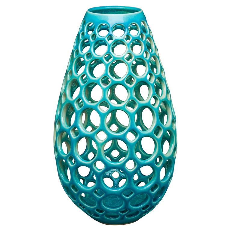 Pierced Ceramic Teardrop Vase/Sculpture-Turquoise For Sale at 1stDibs