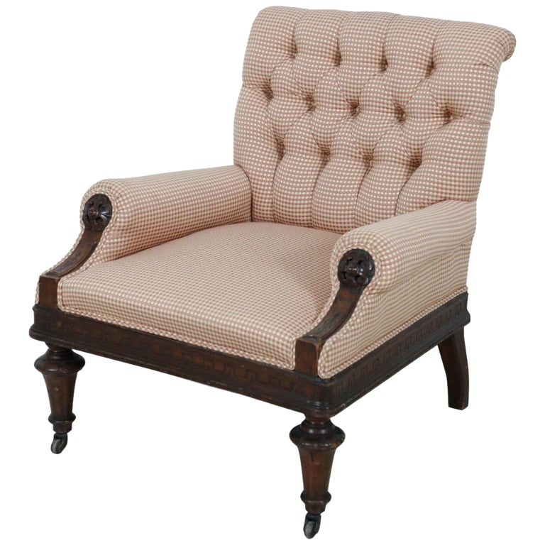 American Victorian Tufted Upholstered Red and Beige Checkered Mahogany ...
