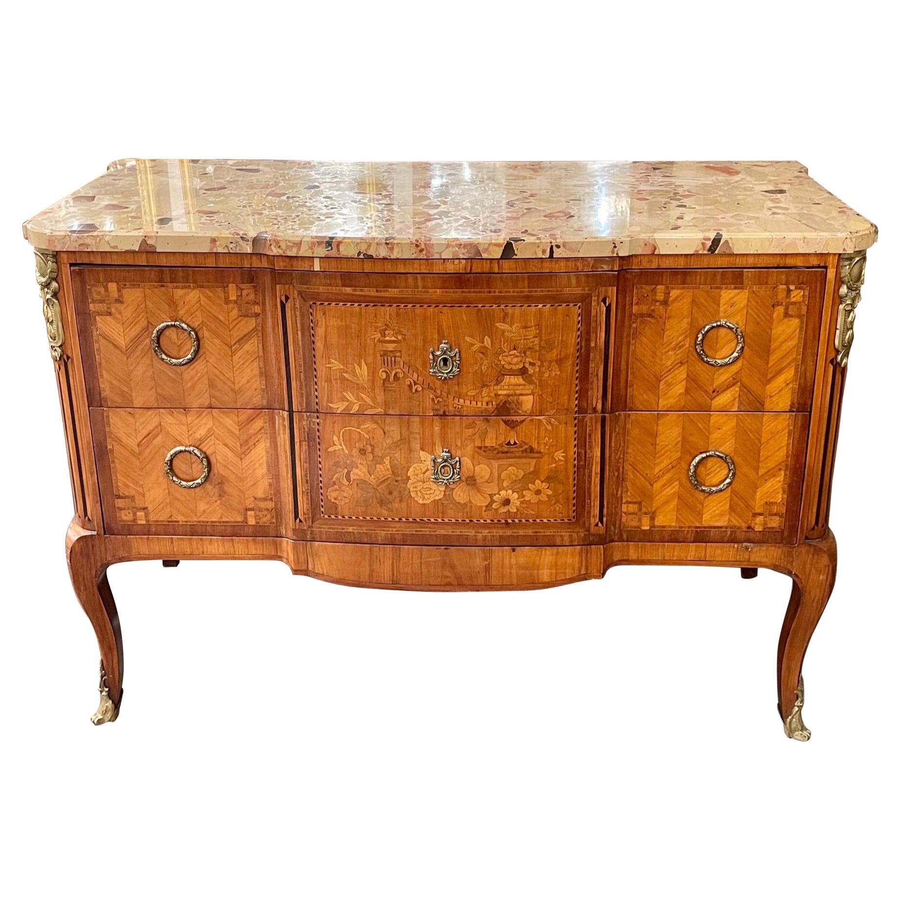Antique French Commode with Bronze Reliefs and Red Breccia Marble Top ...