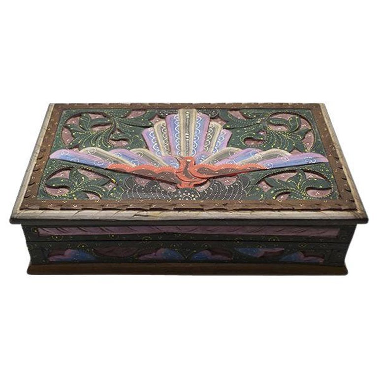 Rectangular Carved Wood Bird Motif Box with Hinged Lid and Batik ...