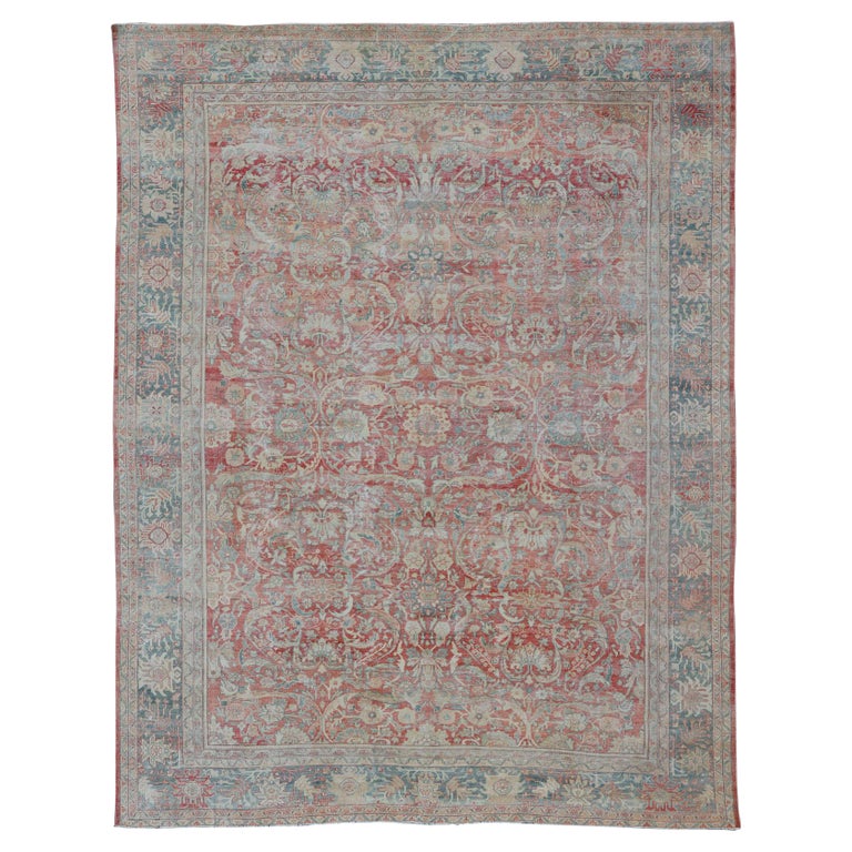 Distressed Hand Knotted Antique Persian Sultanabad Rug Faded Red and ...