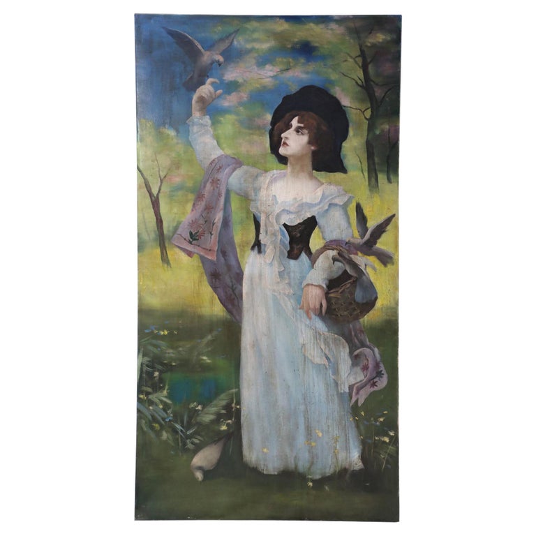 Portrait of a Woman with Bird Painting on Canvas For Sale at 1stDibs ...