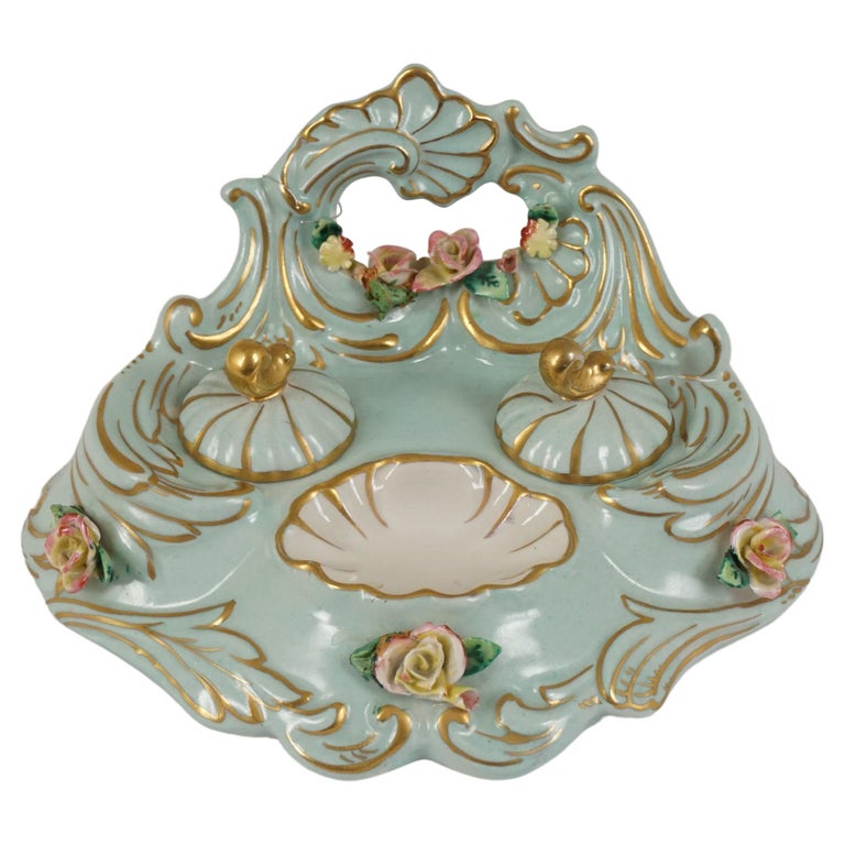 Encrier double ancien, bleu Linage et doré, France, 1900, H565 En vente ...