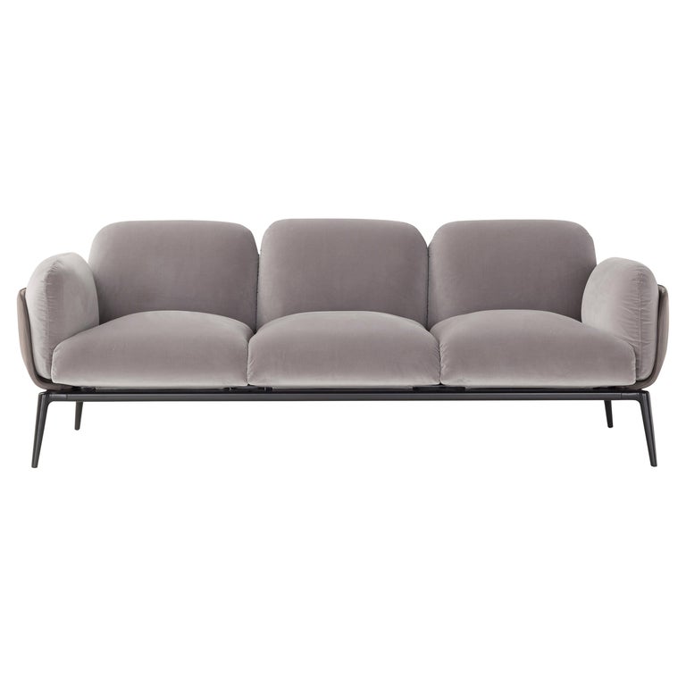 Amura 'Brooklyn' 3-Seat Sofa in Tan Leather and Velvet by Stefano Bigi For Sale at 1stDibs