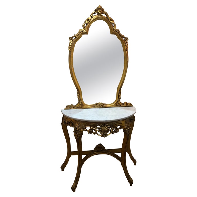 Gilt Marble Top Console or Entryway Table and Mirror For Sale at 1stDibs