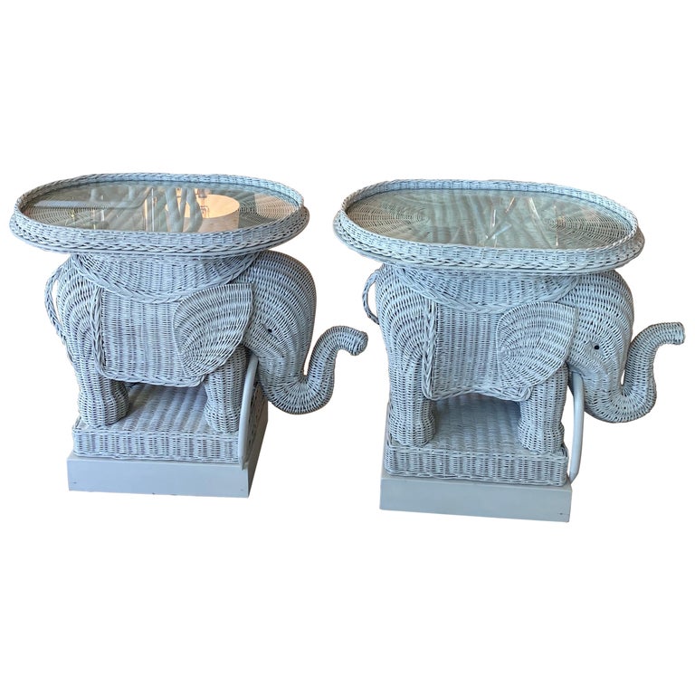 Pair of Elephant Wicker Side End Tables with Tray and Glass Top at 1stDibs