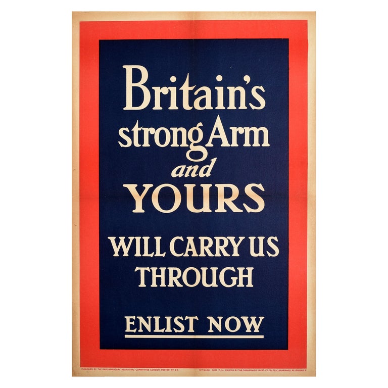 Original Antique Poster Britain's Strong Arm Enlist Now WWI Military ...