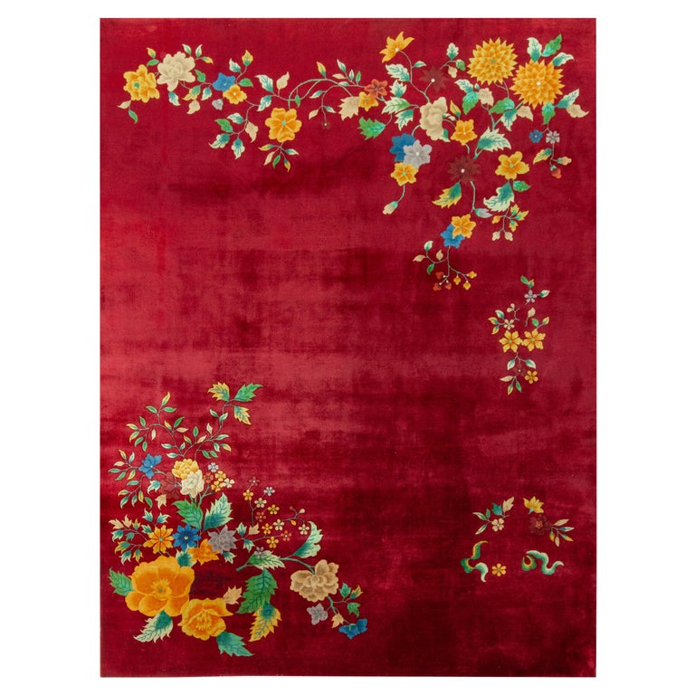 Vintage Chinese Art Deco Rug, Red and Gold Floral Pattern by Rug and ...