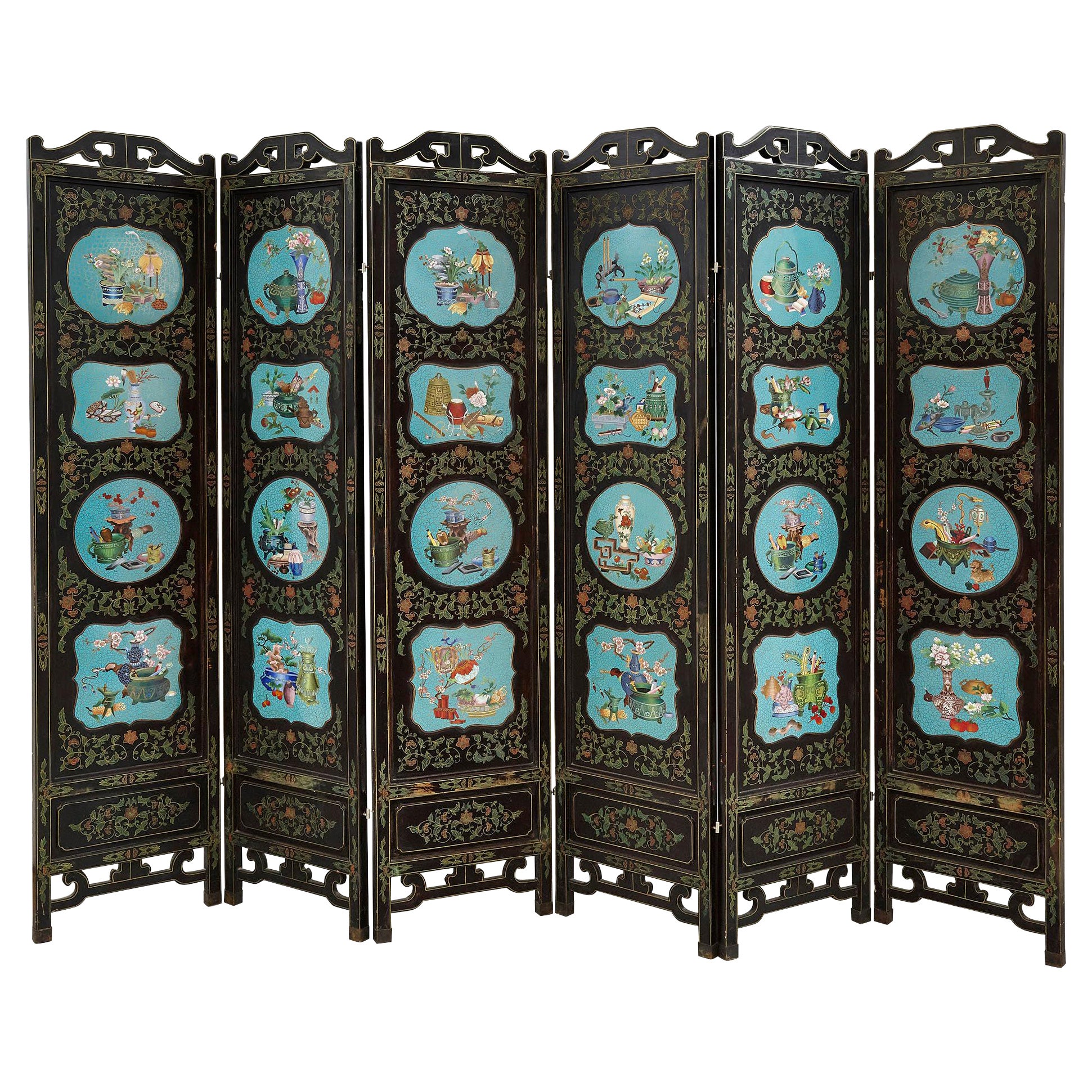 Chinese Black Lacquer and Hardstone Mounted Folding Screen at 1stDibs