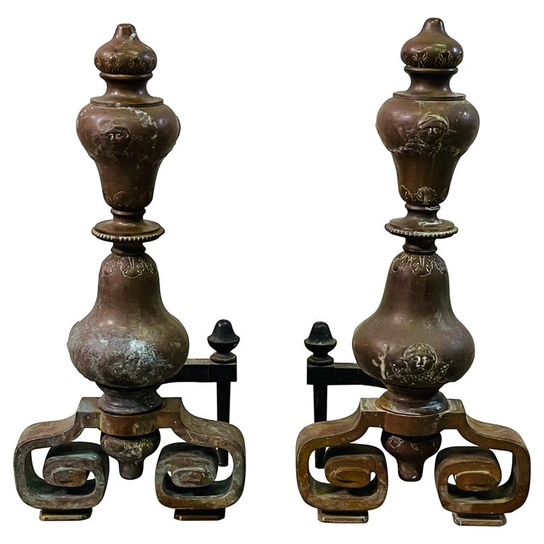 Copper and Iron Incised Fireplace Andirons, Pair at 1stDibs | copper ...