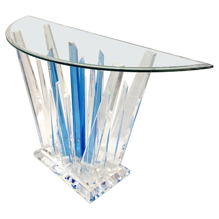 Rock Acrylic Sky Blue Clear Abstract Console with Half Moon Bevelled ...