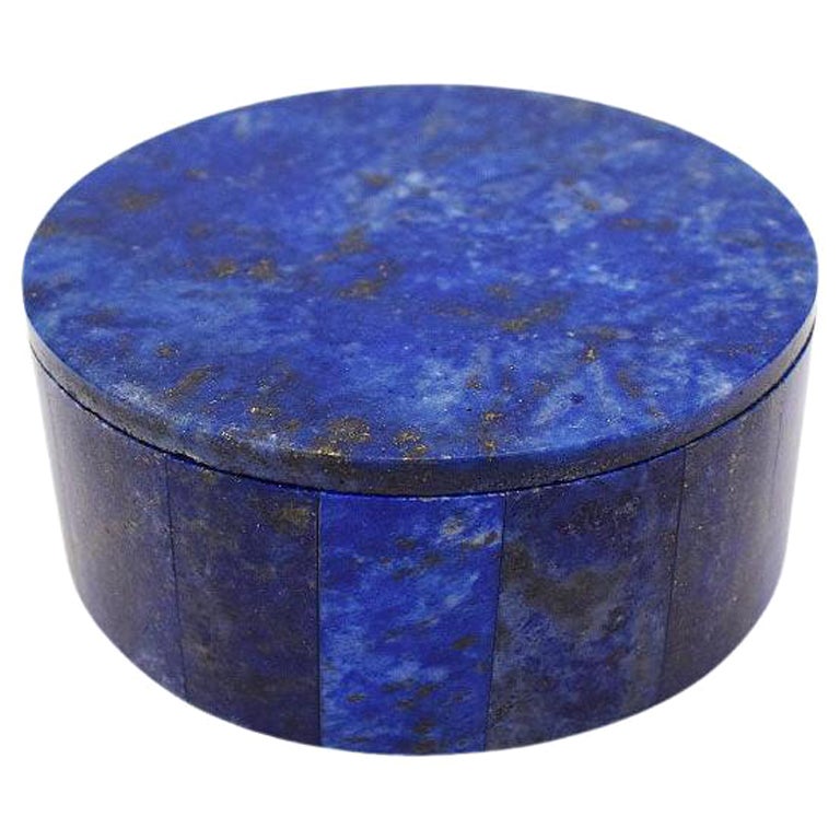 Round Blue Lapis Lazuli and Marble Stone Jewelry or Trinket Box with ...