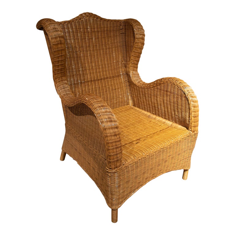 1970s Spanish Hand Woven Wicker Wing Chair at 1stDibs