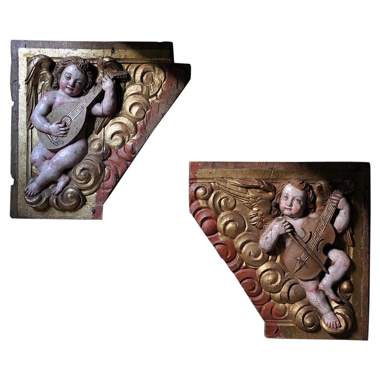 Pair of Mid 18thC Carved, Gilded and Polychrome Painted Putti Musicians ...