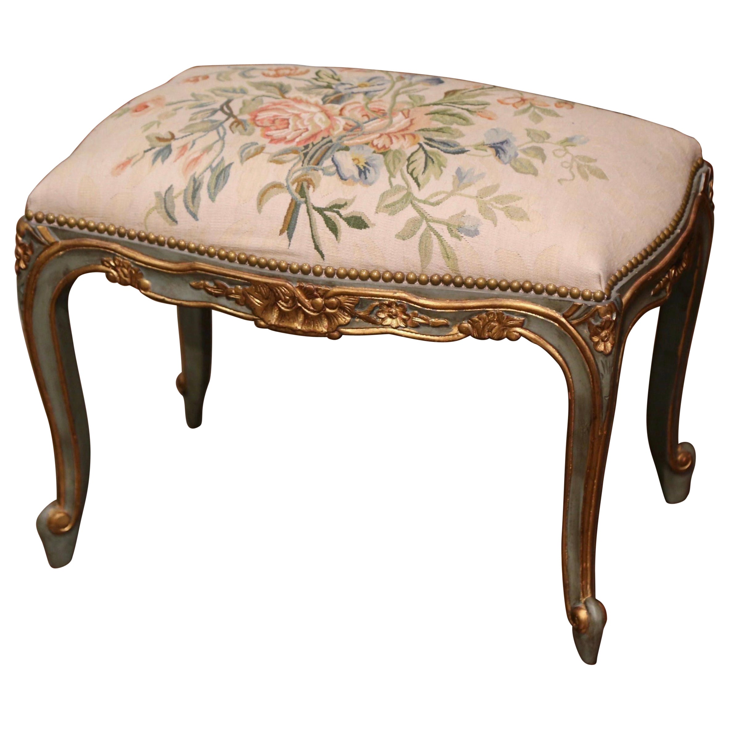 Mid-Century French Louis XV Carved Painted Vanity Stool with Aubusson ...