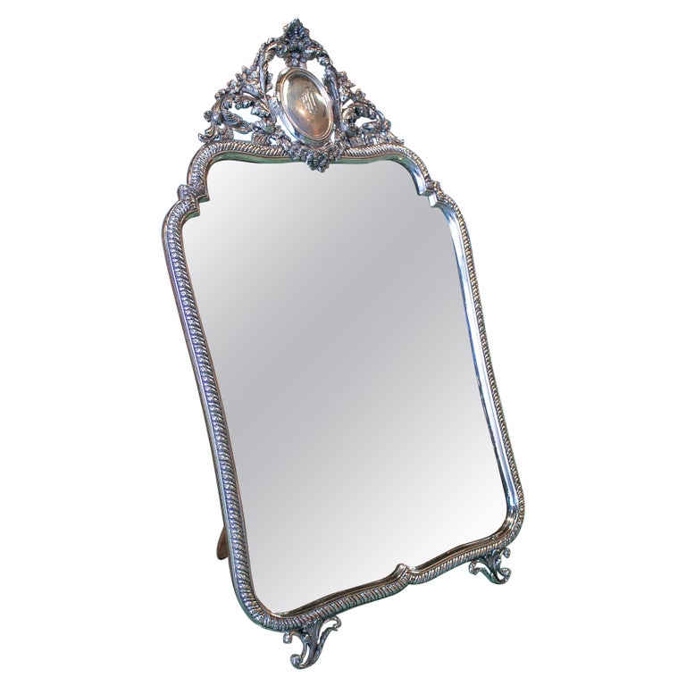 1980s Spanish Silver Table Standing Mirror w/ Initials For Sale at 1stDibs