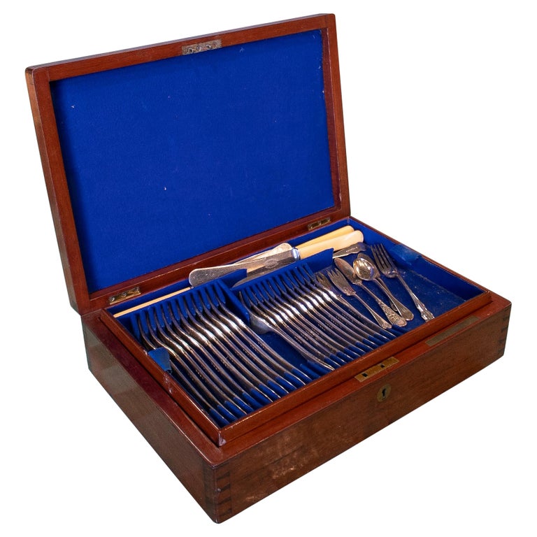 19th Century English Mahogany Box Cutlery Set W/ Initials and Bronze ...