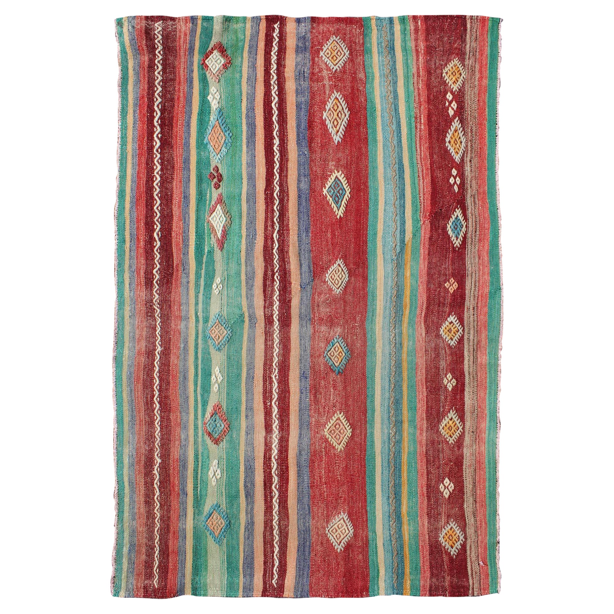 Bright and Colorful Flat-Weave Turkish Kilim Rug with Geometric Stripe ...