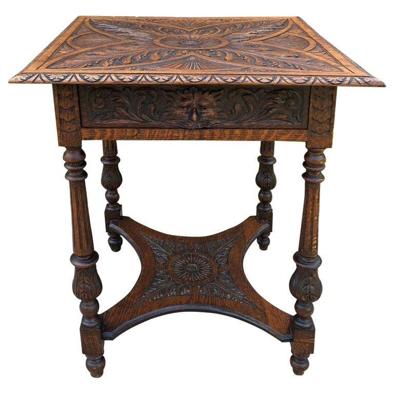 Antique English Side End Table Carved Oak 2-Tier Nightstand W Drawer ...