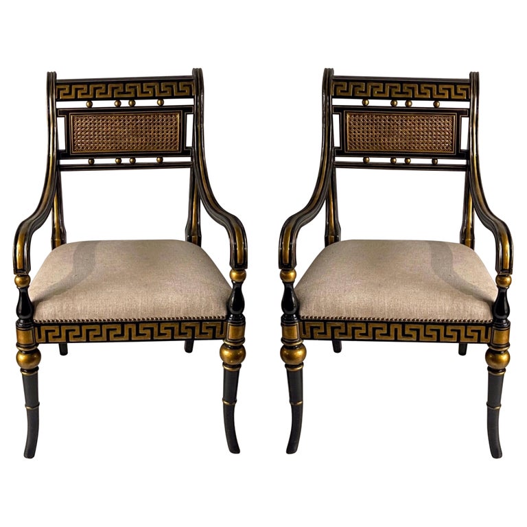 20th-C. Neo-Classical Style Black Lacquer and Gilt Arm Chairs, Pair at ...
