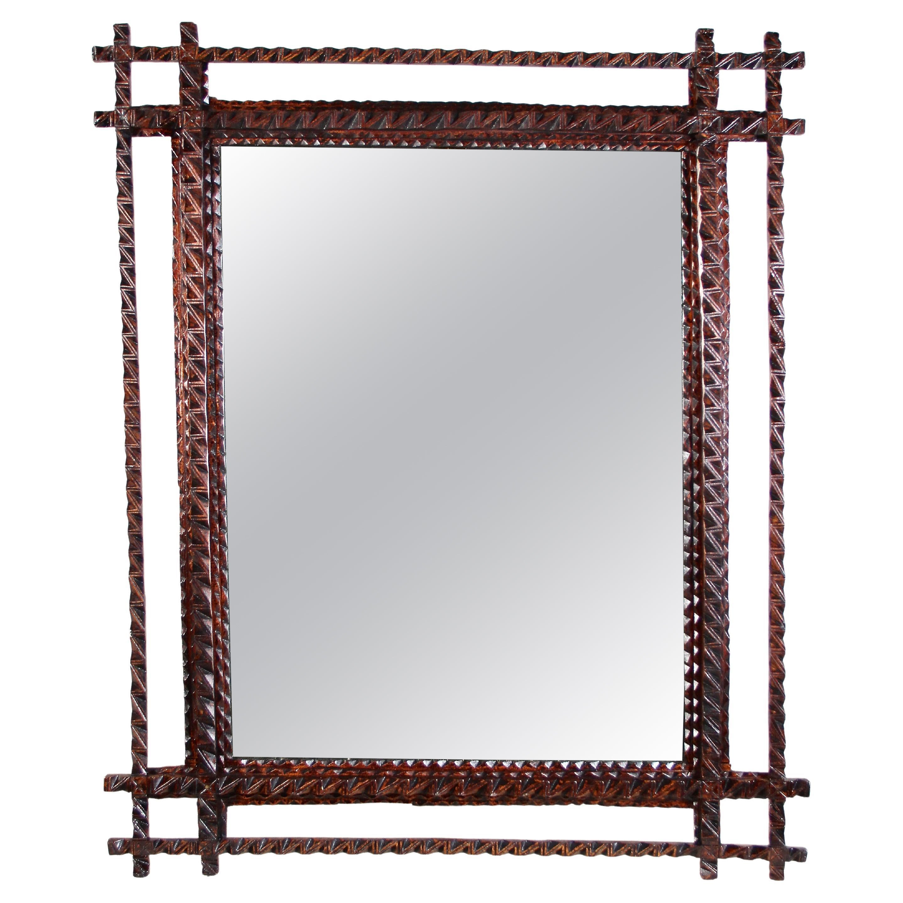 Petite French Tramp Art Mirror from the Late 19th Century with Linear ...
