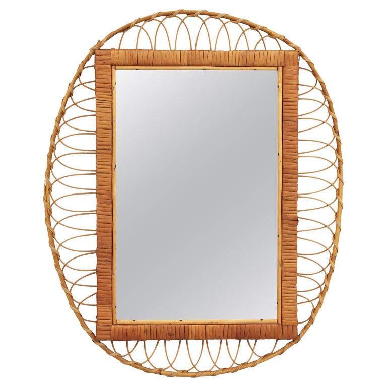 French Rattan Oval Mirror with Woven Frame For Sale at 1stDibs