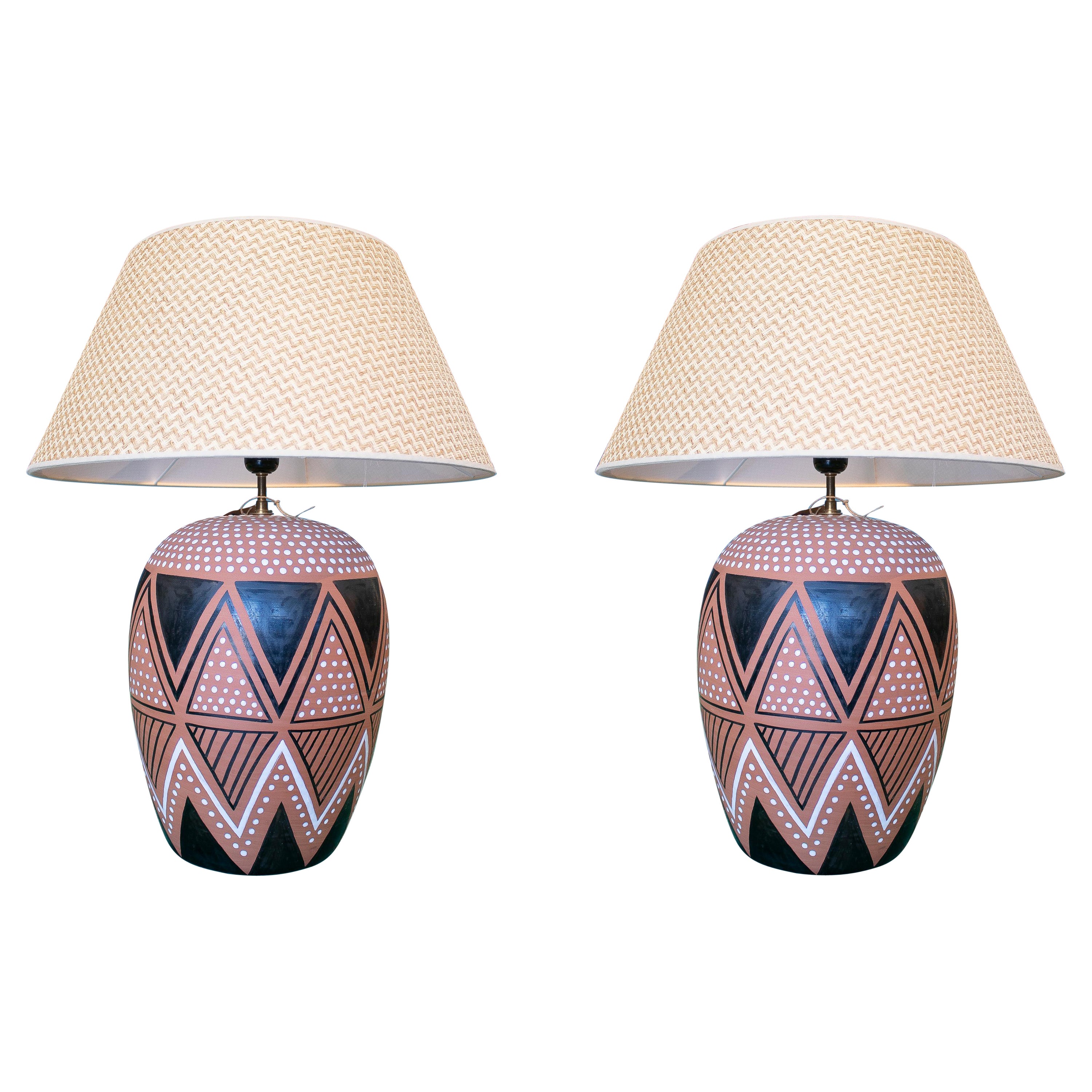 Pair of 1990s African Ceramic Table Lamps w/ Ethnic Geometric ...