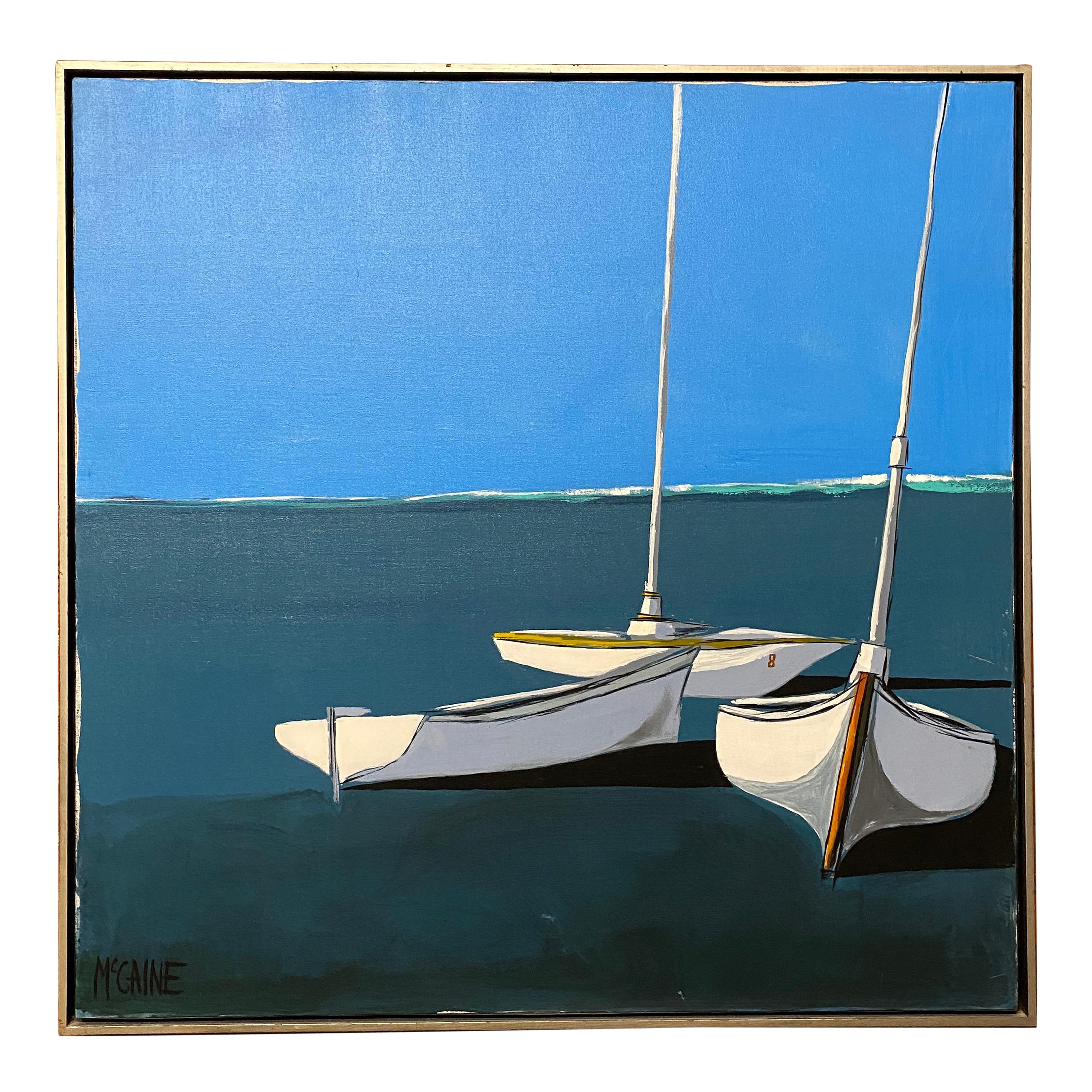 Robert McCaine Modernist "On The Beach" Sailboat Painting at 1stDibs