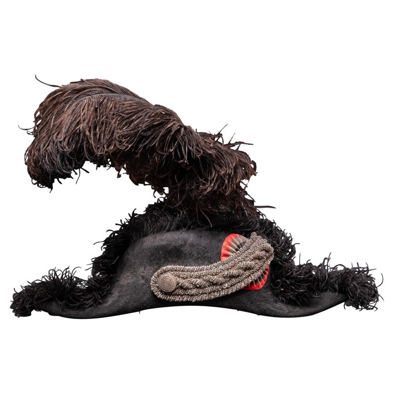 Antique Bicorne Hat with French Badge, Ostrich Feather and Redlining at ...