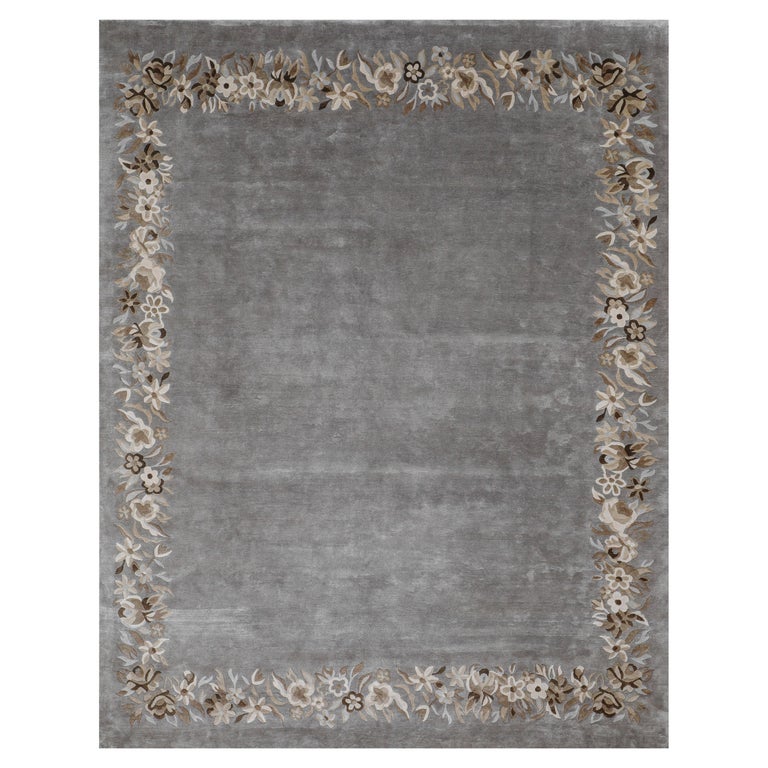FLORUS Hand Knotted Transitional Floral Border Silk Rug in Taupe Colour ...