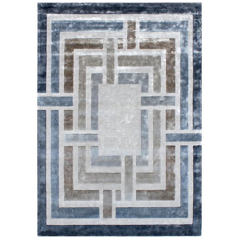 VERGE Hand Tufted Modern Geometric Silk Rug in Beige Blue Colour By ...