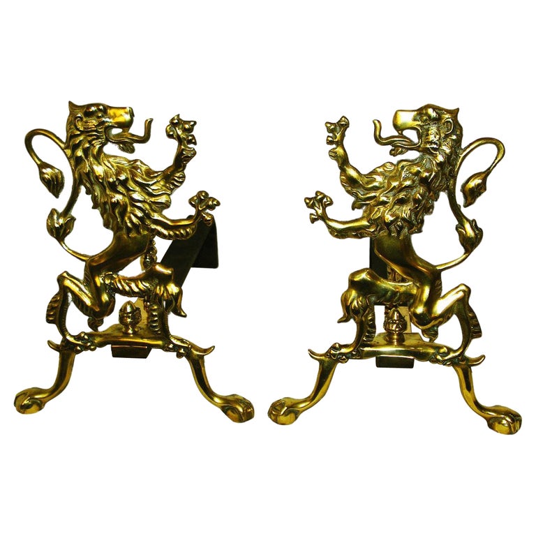 English Mid 19th Century Cast Brass Rampant Lion Andirons with Iron Log ...