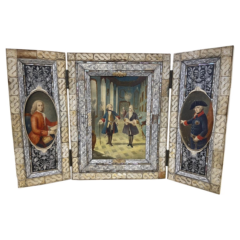 19th Century France Carved Bone Wood Painted Triptych Painting, 1885 For Sale at 1stDibs
