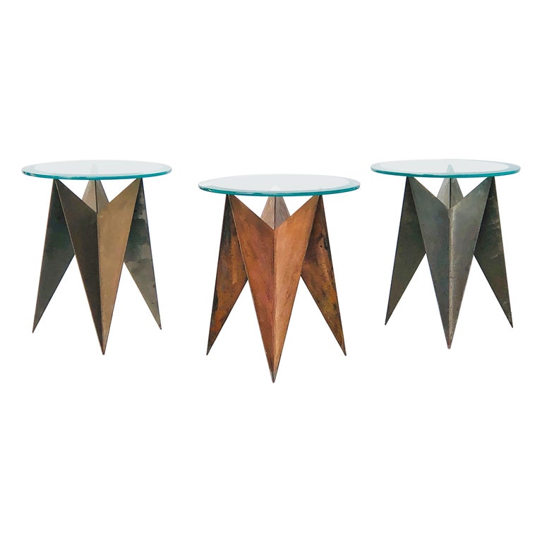 Sculptural Trio of Geometric Metal Tables with Glass Tops, 1980s For ...