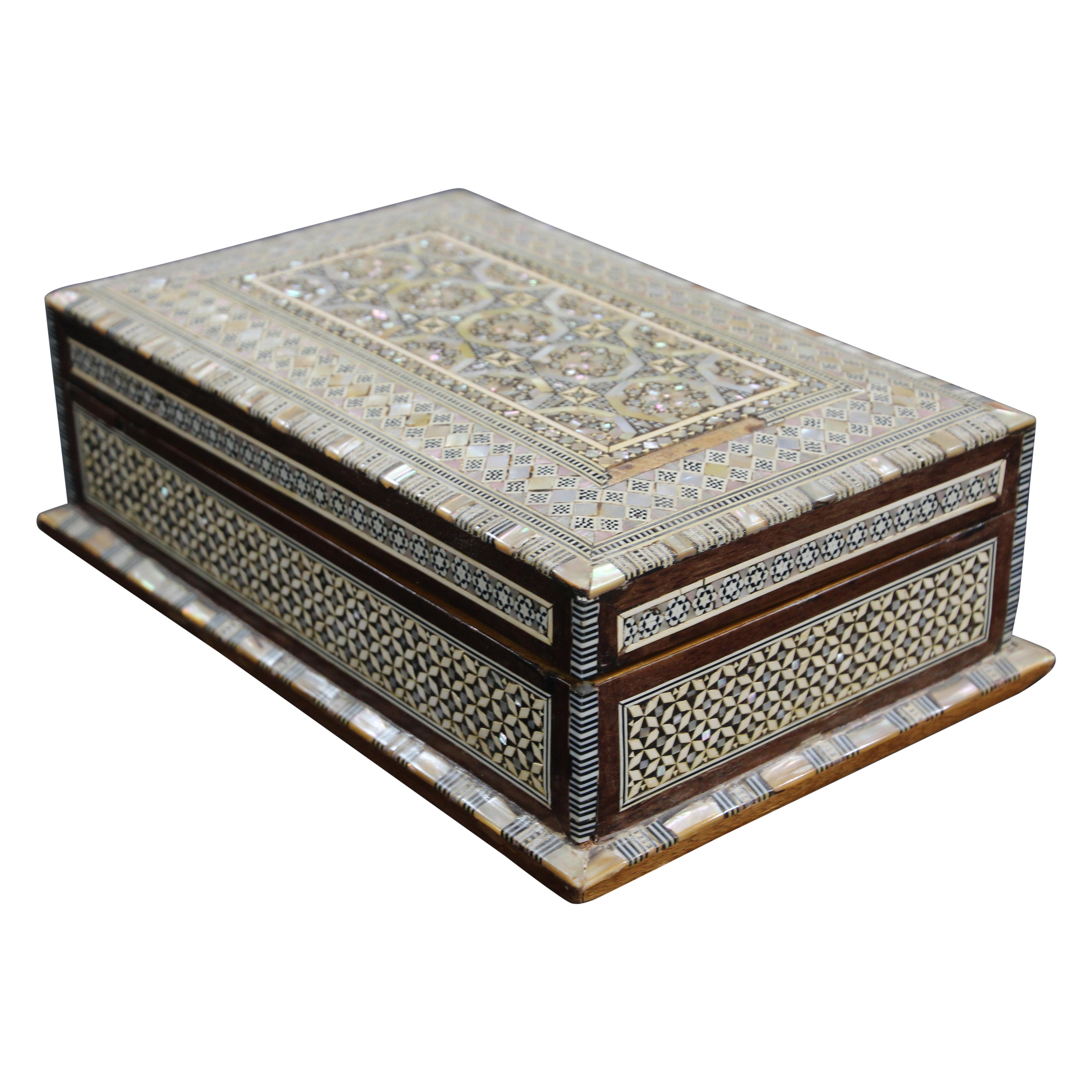 Antique Lacquered Paper Mache Sewing or Jewelry Box with Inlaid Carved ...