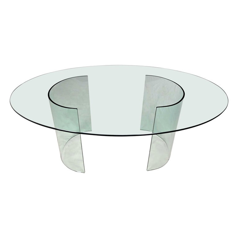 All Glass Modern Dining Table Semi-Circle Dual Pedestal Bases and ...