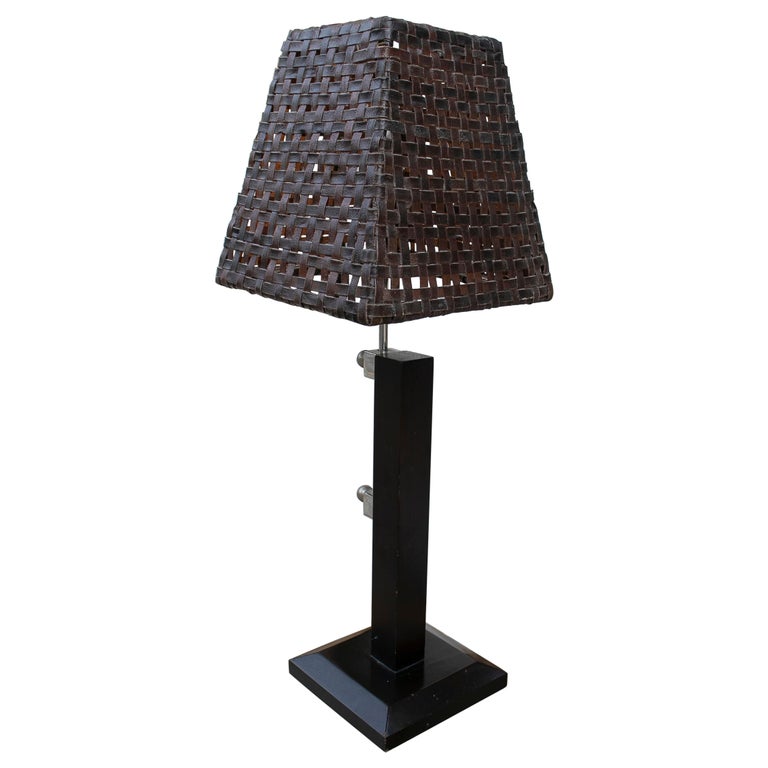 1990's Italian Wooden Lamp with Leather Shade and Height Adjustment For ...