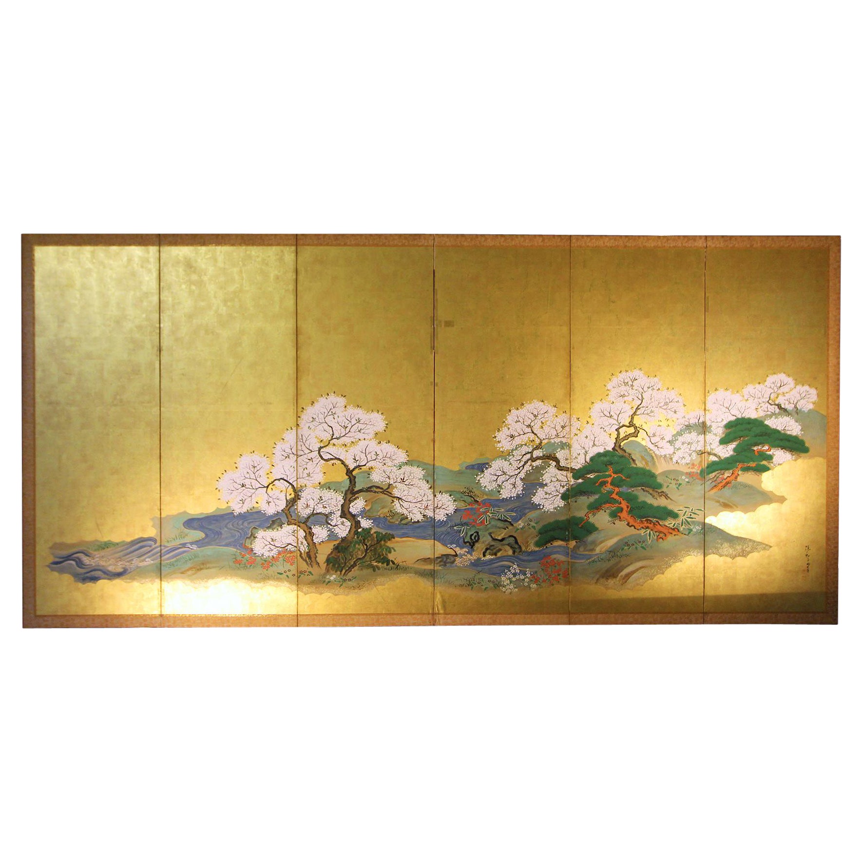 19th Century Japanese Landscape Rinpa School Folding Screen Six Panels ...