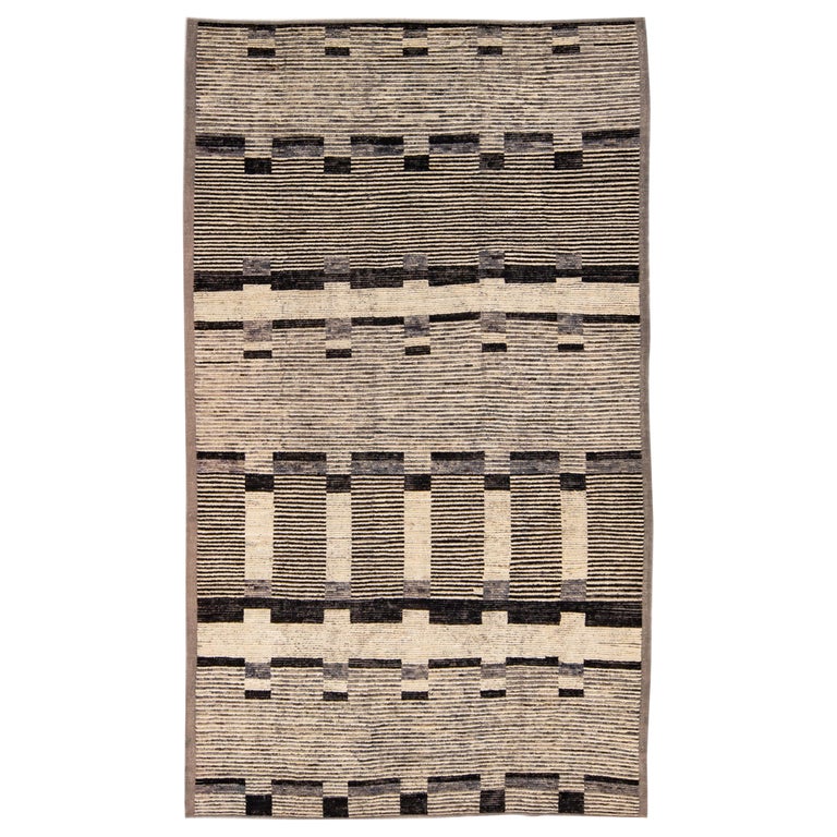 Modern Beige Moroccan Style Handmade Brown Geometric Pattern Wool Rug ...