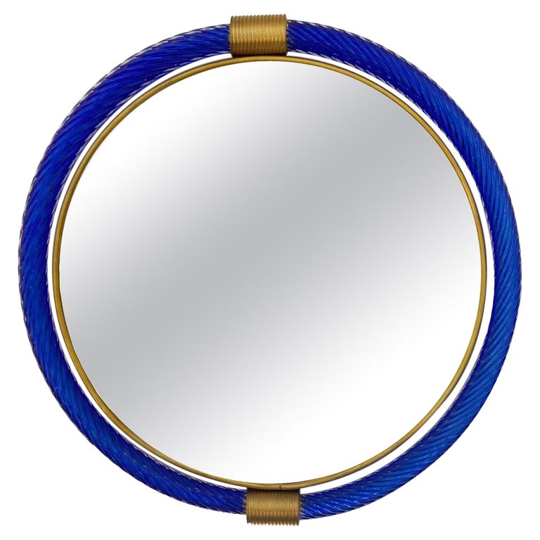 Round Blue Twisted Rope Murano Glass Mirror, in Stock at 1stDibs