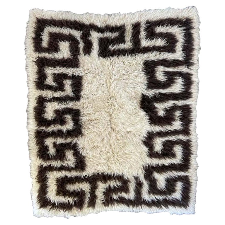 Vintage Natural Flokati Shag Rug with Greek Key Detail at 1stDibs