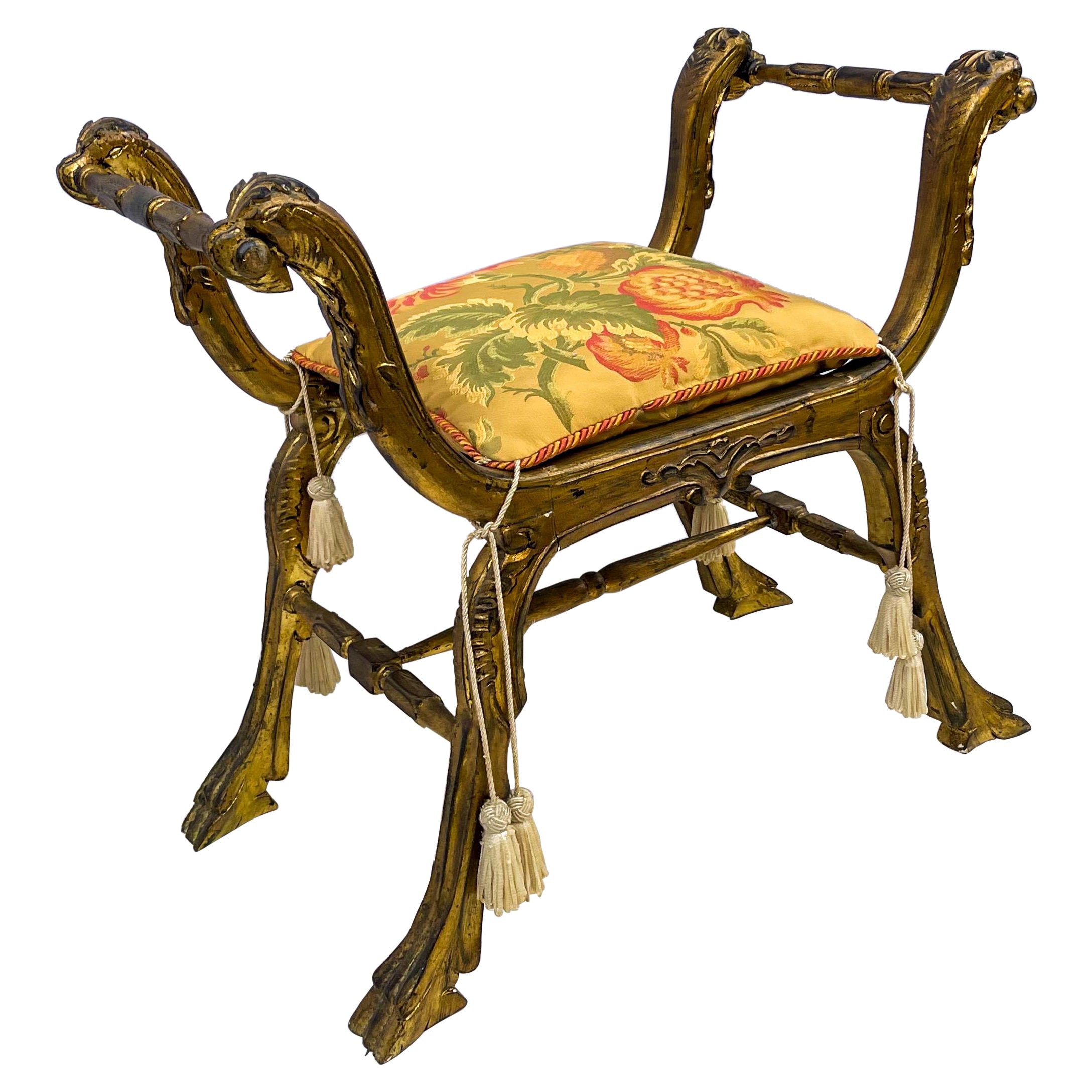 Antique Italian Carved Giltwood Regency Style Lion Head Bench with Silk ...